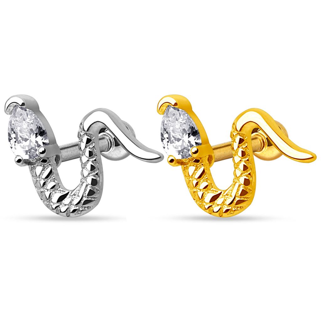 Beautiful ear piercing stud with snake in silver or gold