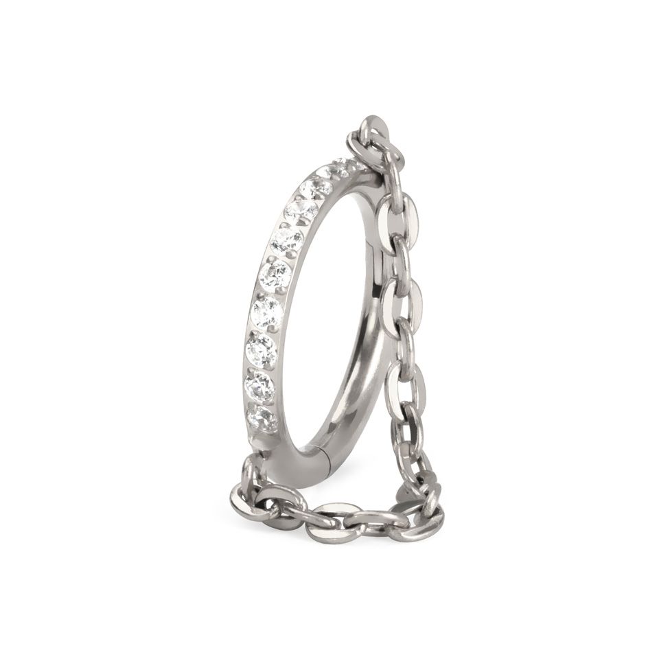 Hinged titanium ring with delicate stones and chain detail