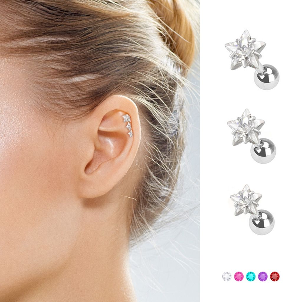Fabulous set of 3 ear piercings with star-shaped gems