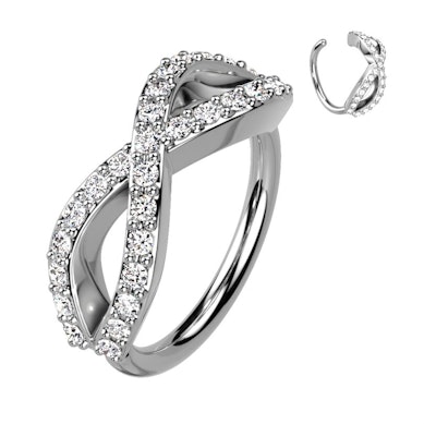 Infinity twist ring with double-row clear stones