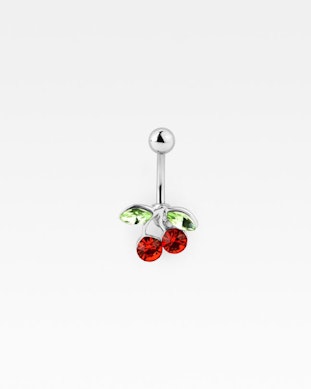 Beautiful belly button ring with red cherries and green leaves