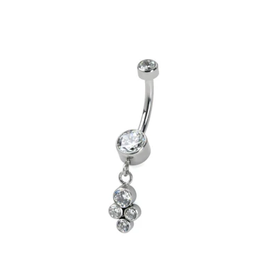 Pretty belly button ring with four dangling bezel stones