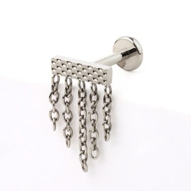 Fabulous rectangular labret in titanium with chain dangles